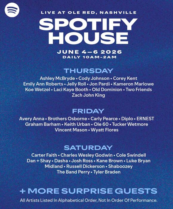 Spotify House Returns To 2026 CMA Fest: Luke Bryan, Kane Brown, Jelly ...