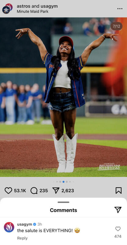 USA Gymnastics Has Smug Reaction to Simone Biles’ First Pitch at Astros ...