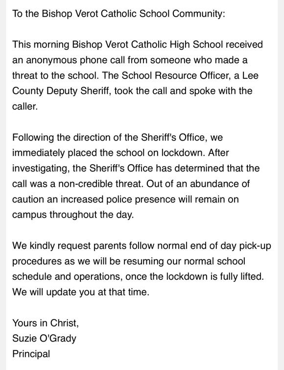 Bishop Verot under lockdown following school threat - NewsBreak