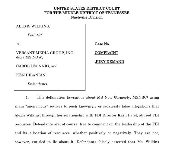 Kash Patel’s Girlfriend Alexis Wilkins Sues MS NOW Over ‘Hogwash ...