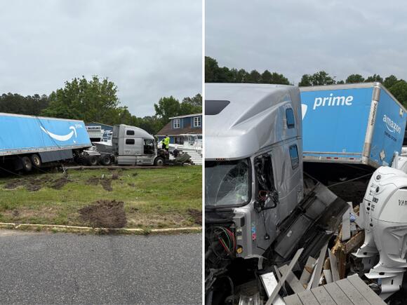 Tractor-trailer runs red light, hits car before striking nearby boats ...