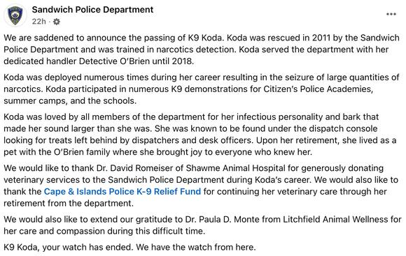 Sandwich Police Department Mourns Beloved K9 Koda After Years of ...