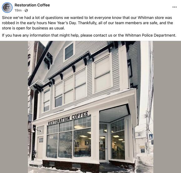 New Year's Day Robbery Targets Popular Coffee Shop in Whitman - NewsBreak