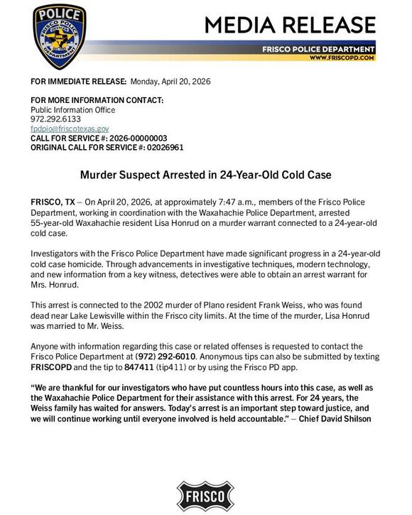 🚨 Frisco Police Arrest Suspect in 24‑Year‑Old Cold Case - NewsBreak