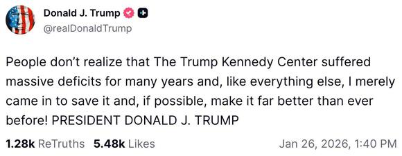 Trump Washes Hands of Kennedy Center ‘Deficit’ After Takeover - NewsBreak