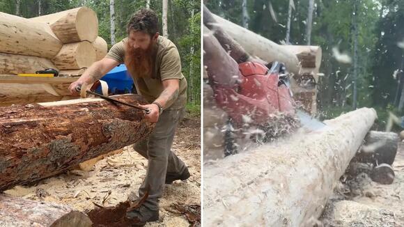 Off-grid carpenter shares satisfying video while building cabin by hand ...