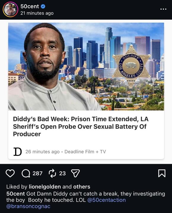 50 Cent Jokes Diddy ‘Can't Catch a Break' After His Prison Release Date ...