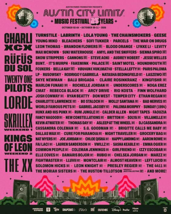 Austin City Limits Announces 2026 Lineup With Charli XCX, Lorde, The xx ...