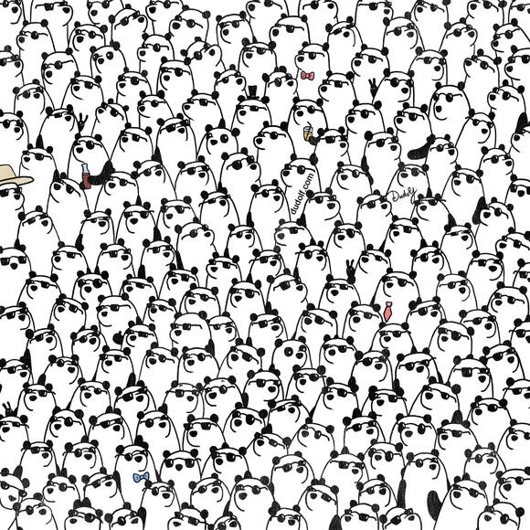 You could have a high IQ if you can find the three pandas not wearing sunglasses in 30 seconds ...