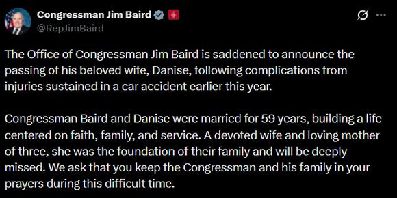 Wife of congressman Jim Baird dies after car accident complications ...