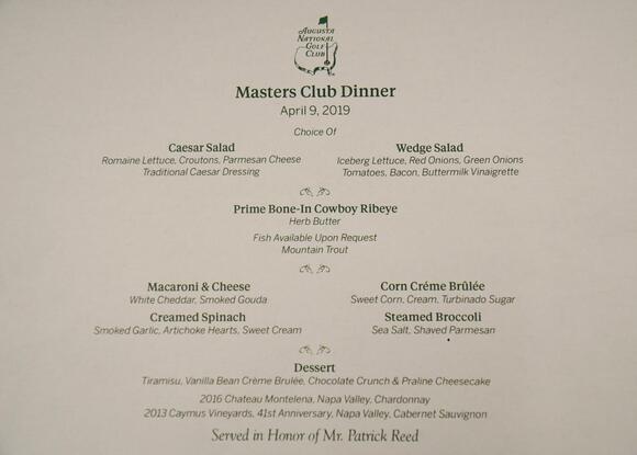 Masters Champions Dinner menus over the last 30 years