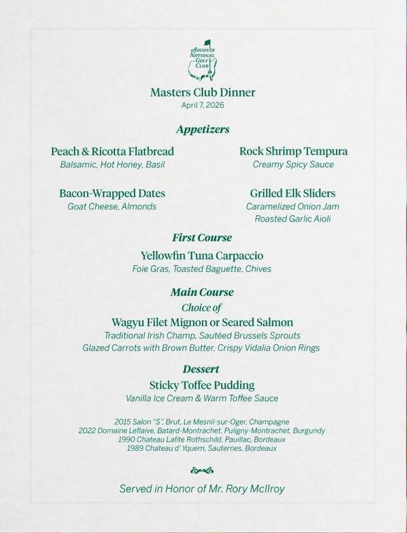 What’s on the menu for Rory McIlroy’s 2026 Masters Champions Dinner ...