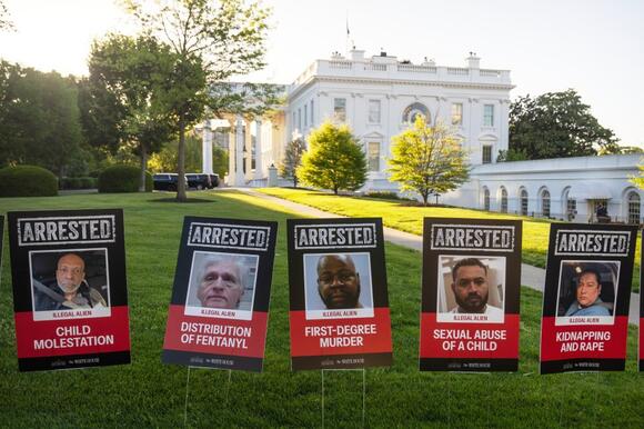 Donald Trump flaunts immigration success in striking image as White House lawn covered with pics ...