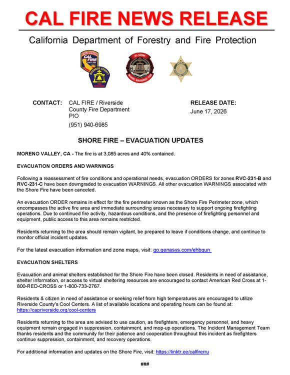 Evacuation Orders Downgraded for Shore Fire Zones - NewsBreak