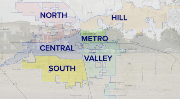 Areas in Bakersfield with higher vehicle crime rates