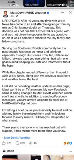 Popular WINK weatherman Matt Devitt let go; many supporters comment via ...