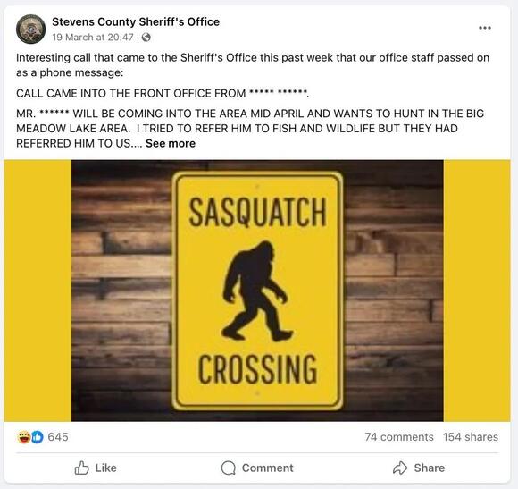 Washington sheriff receives bizarre Sasquatch call from curious hunter