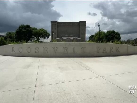 Previewing Roosevelt Park outside Michigan Central Station