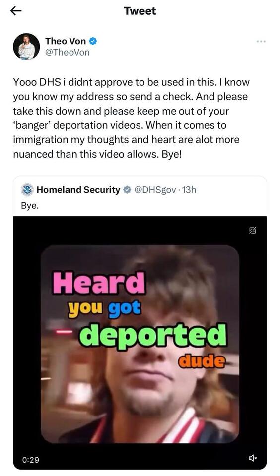 Theo Von Denounces Homeland Security Using Image of Him to Celebrate ...