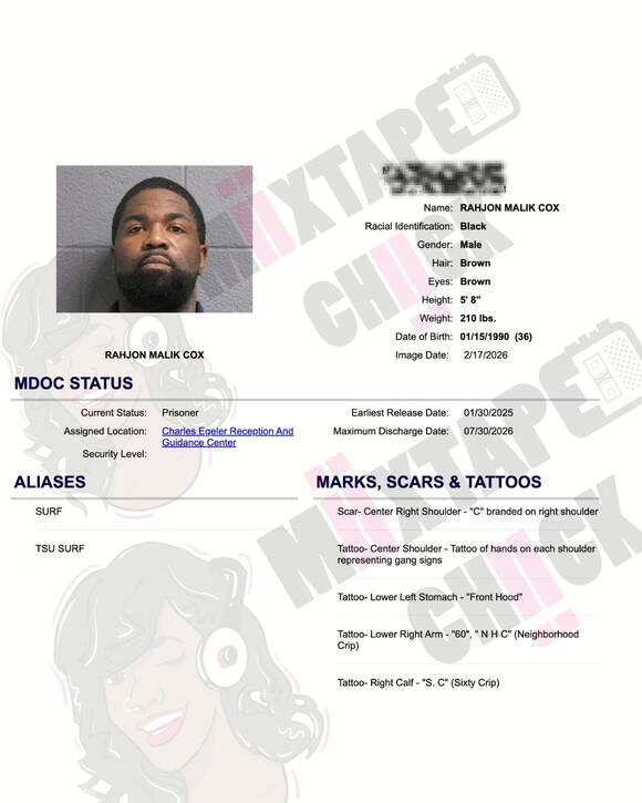 Tsu Surf’s MDOC Mugshot Released, Won’t Be Home Until July 2026 - NewsBreak