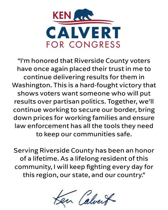 Republican Ken Calvert wins reelection to U.S. House in California’s ...