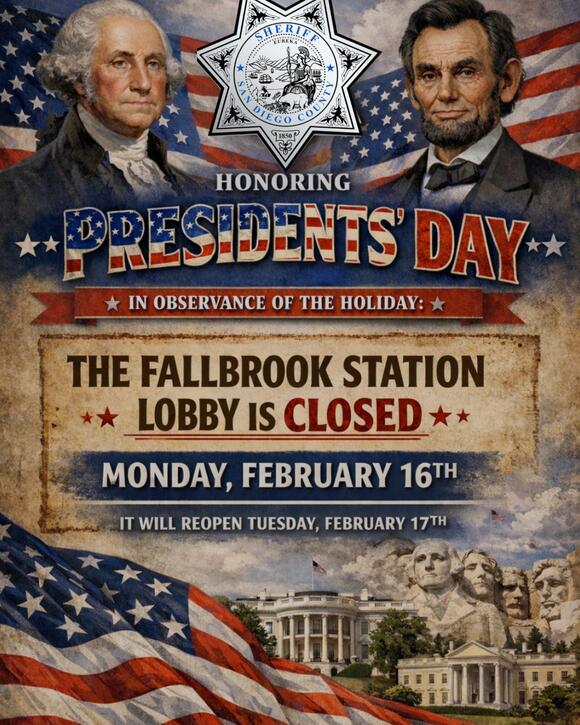 Fallbrook Sheriff lobby closed for Presidents’ Day - NewsBreak