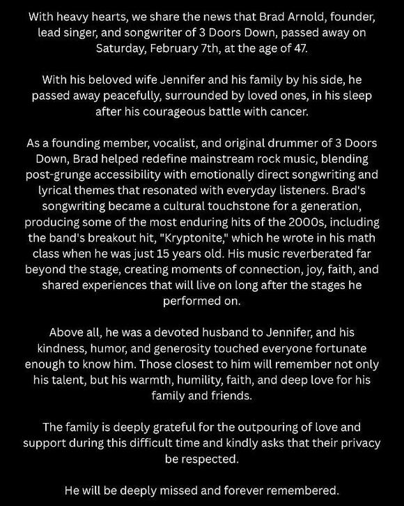 3 Doors Down lead singer dead at 47 after cancer battle - NewsBreak