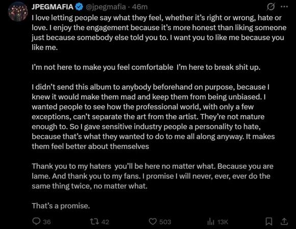 JPEGMAFIA Removing Experimental Rap Track Over Sample Dispute With Punk ...