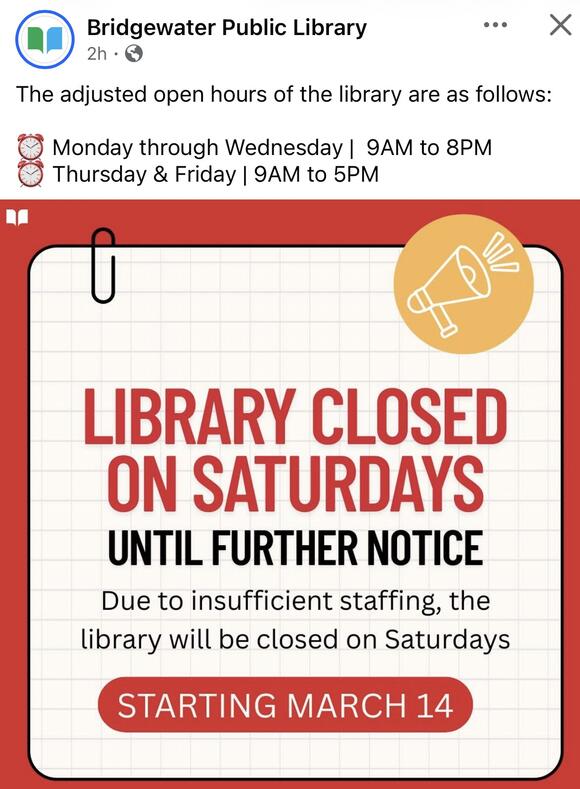 Staffing Shortage Prompts Bridgewater Library to Suspend Saturday Hours ...