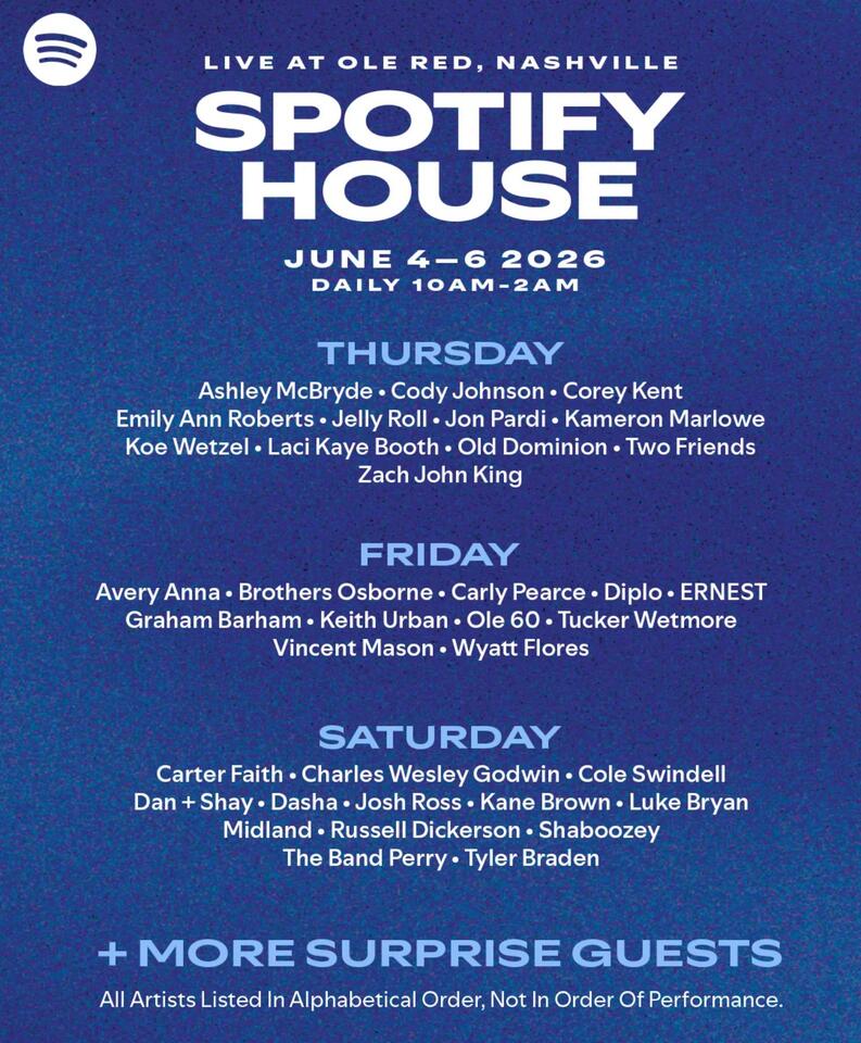 Spotify House Returns To 2026 CMA Fest: Luke Bryan, Kane Brown, Jelly ...