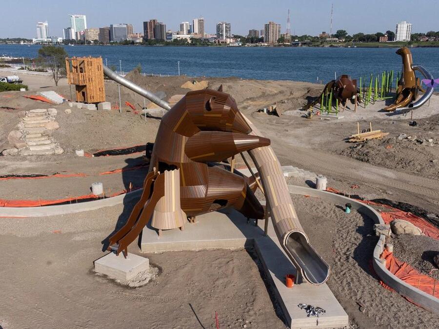 Progress made on 20-foot bear slide in Centennial Park along the Detroit Riverfront, gigantic ...
