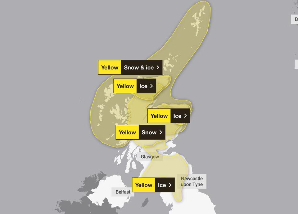 Met Office issues snow and ice weather warnings as amber cold health ...