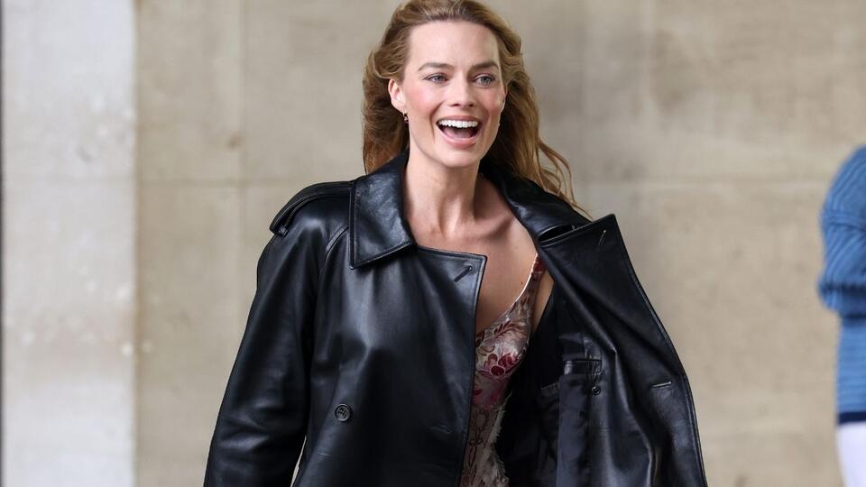 Margot Robbie Models Corset Top & Leather Jacket for Promotional Run ...