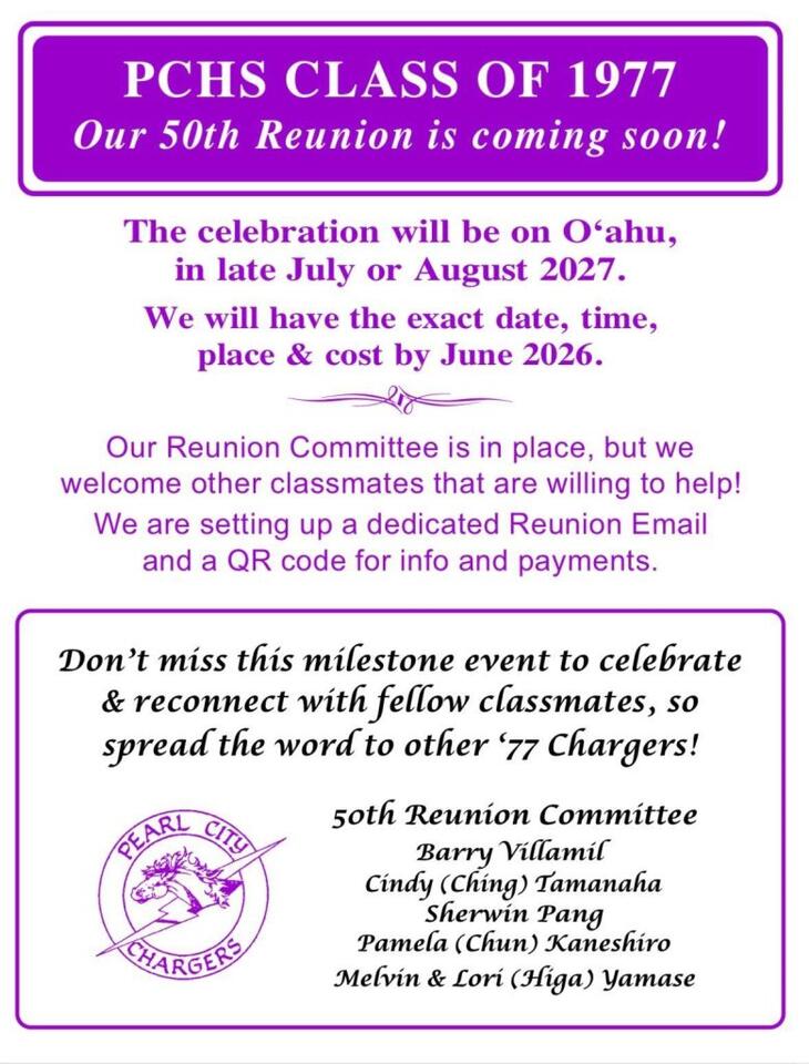 CALLING ALL PCHS CLASS OF ‘77 CLASSMATES! 50th REUNION CELEBRATION ...