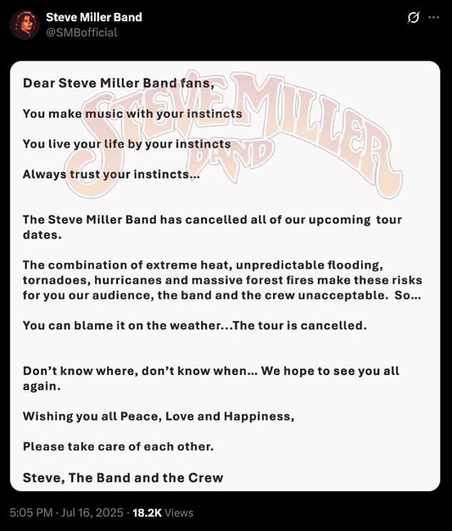 Steve Miller Band abruptly CANCELS entire 2025 tour and blame acts of ...