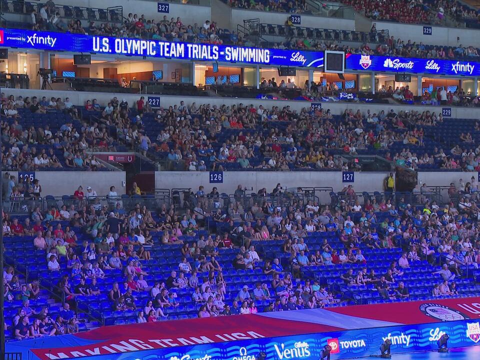 Fans celebrate the final day of US Swim Trials in Indianapolis
