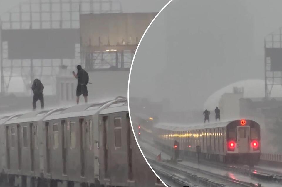 New York City daredevils subway surf the No. 7 train in downpour ...