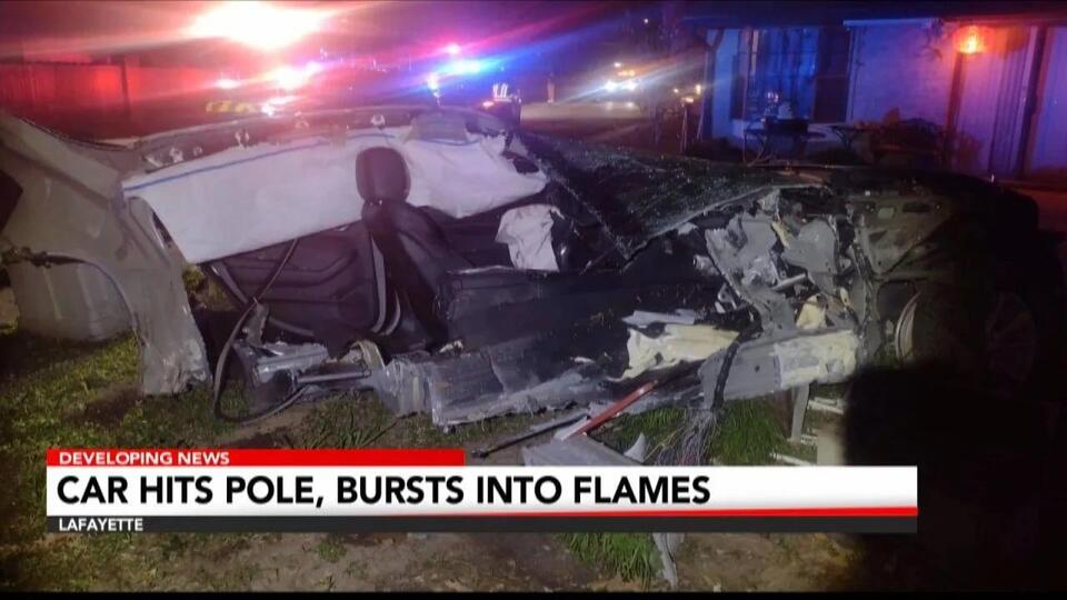 Car splits in 2, bursts into flames after hitting pole in Lafayette ...