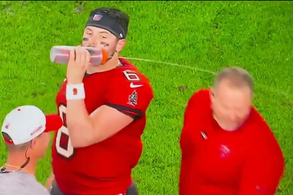 NFL fans spot Baker Mayfield’s live TV on-field antics which showed how relaxed Buccaneers QB ...