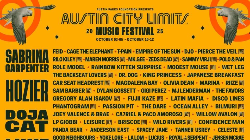 ACL Fest 2025 lineup (Sabrina Carpenter, The Strokes, Doechii, Doja Cat, Rilo Kiley, Mk.gee ...