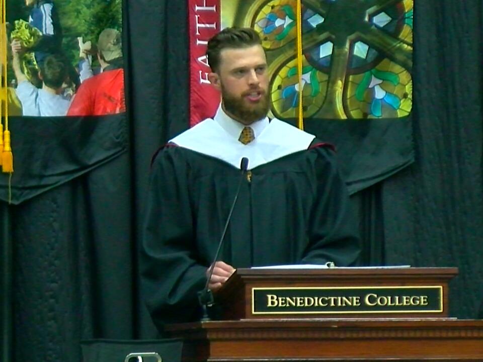 Harrison Butker speaking at Benedictine College graduation
