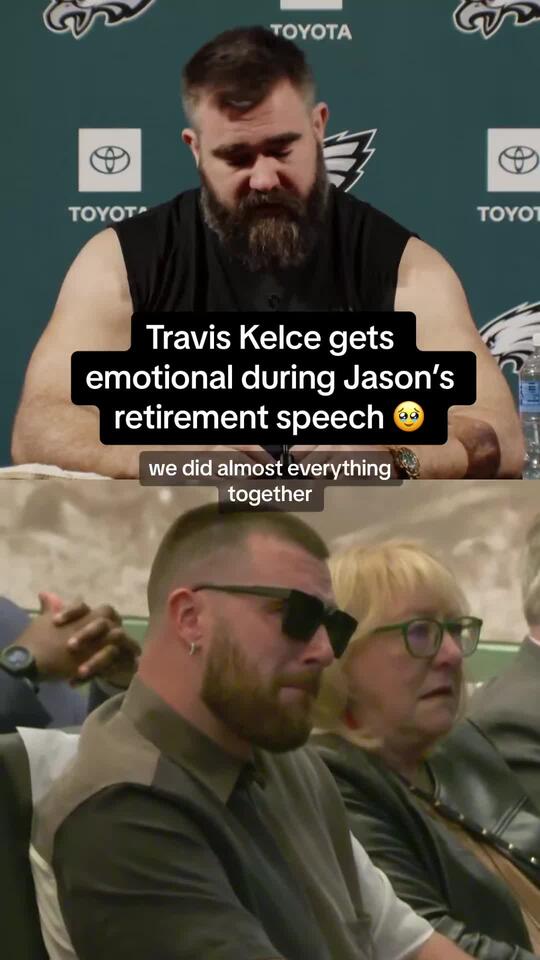 Travis Kelce was seen wiping away his tears during brother Jason Kelces retirement announcement ...