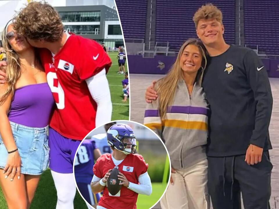 J.J. McCarthy kisses fiancée Katya Kuropas at first Vikings training camp
