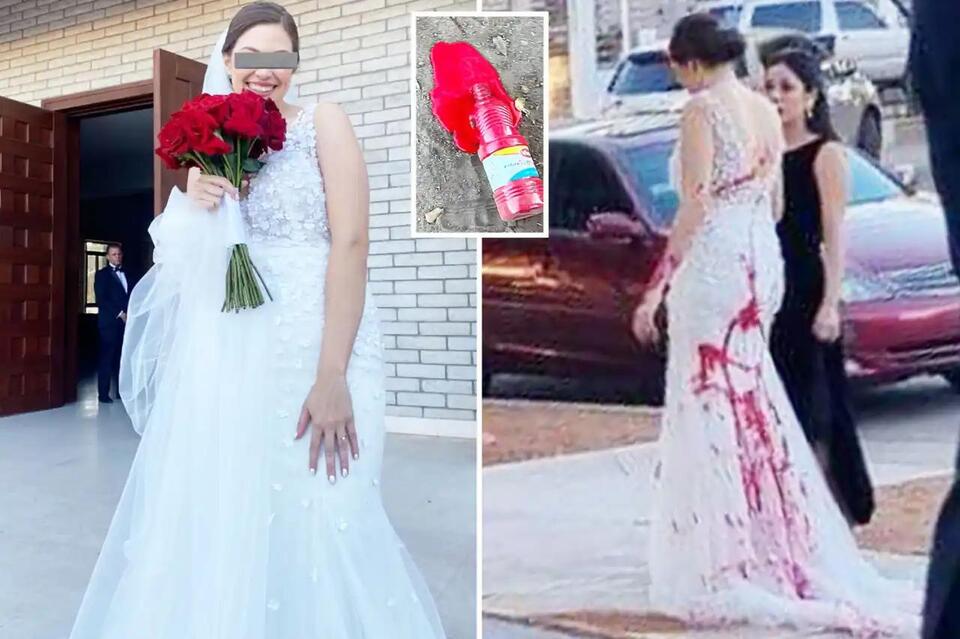 Heartbreaking moment bride left covered in red paint by thugs hired by ...