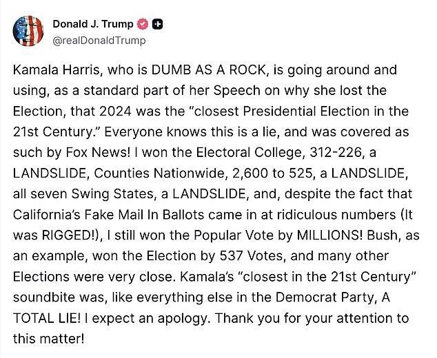 Trump demands apology from Kamala Harris on 'closest election' claim ...