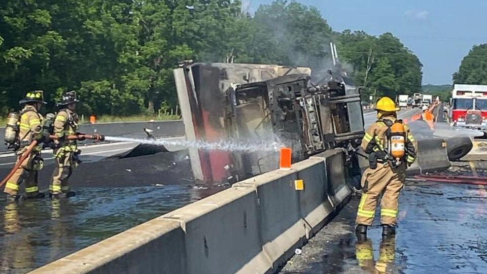 Section of Route 209 closed after dump truck rollover, fire in Stroud ...
