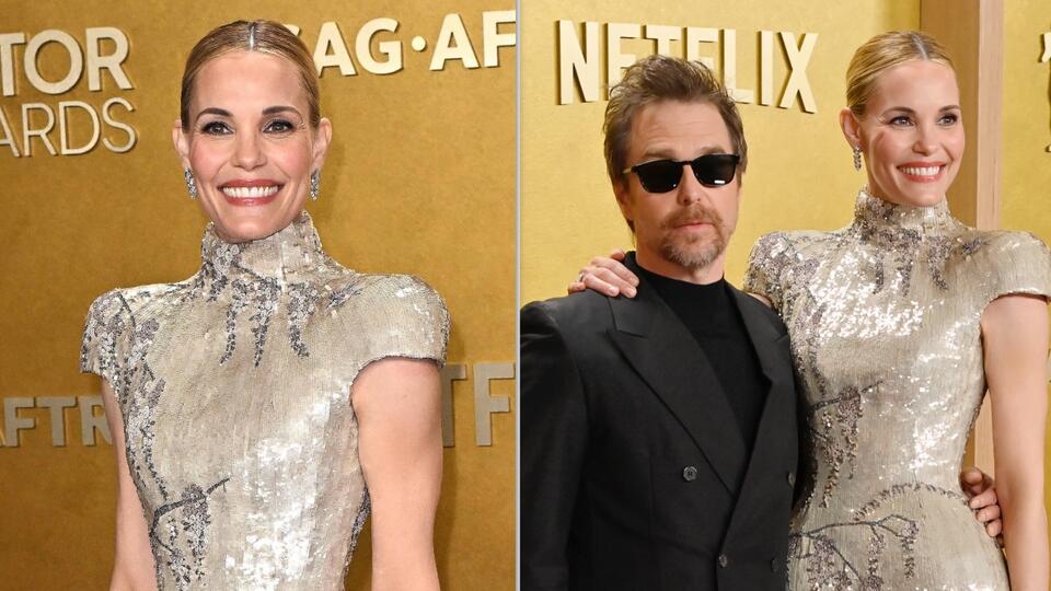 Leslie Bibb Stuns in Champagne Sequins Beside Sam Rockwell at the 2026 ...