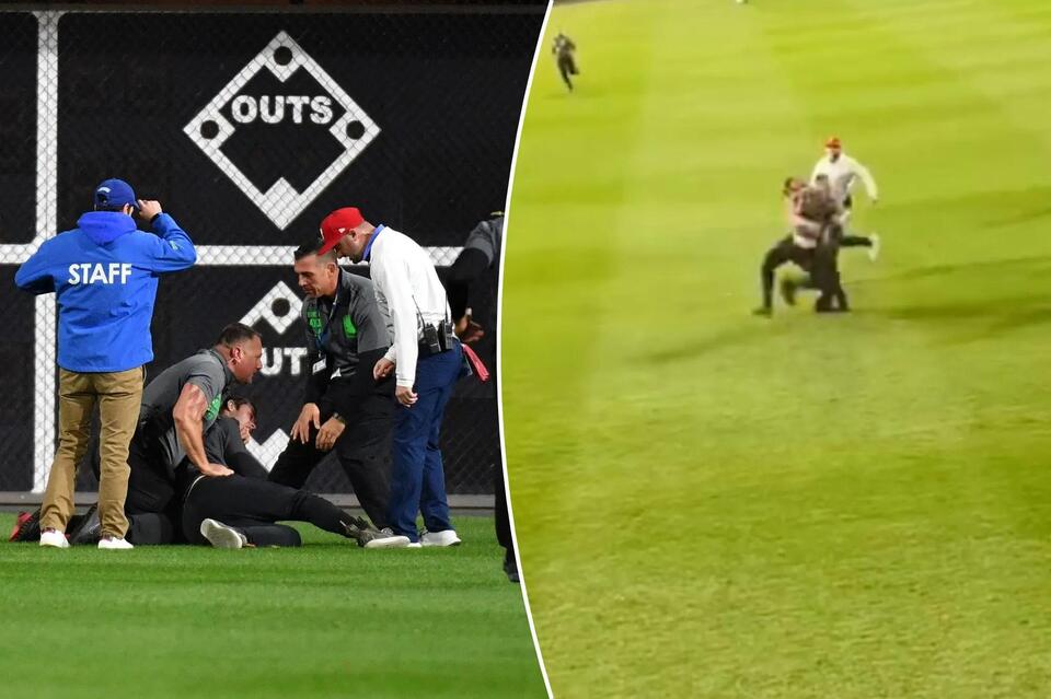 Phillies fan gets tackled hard by security guard after charging field ...