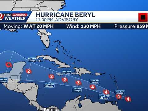 Beryl now an 'extremely dangerous category 4 hurricane' NHC says