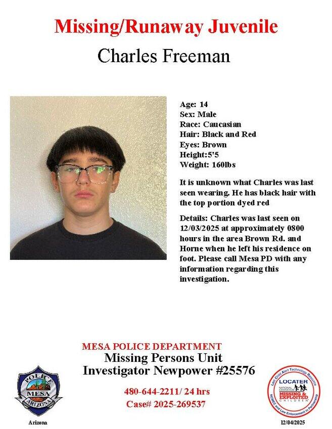 Charles Freeman, 14, missing from Mesa, police say - NewsBreak